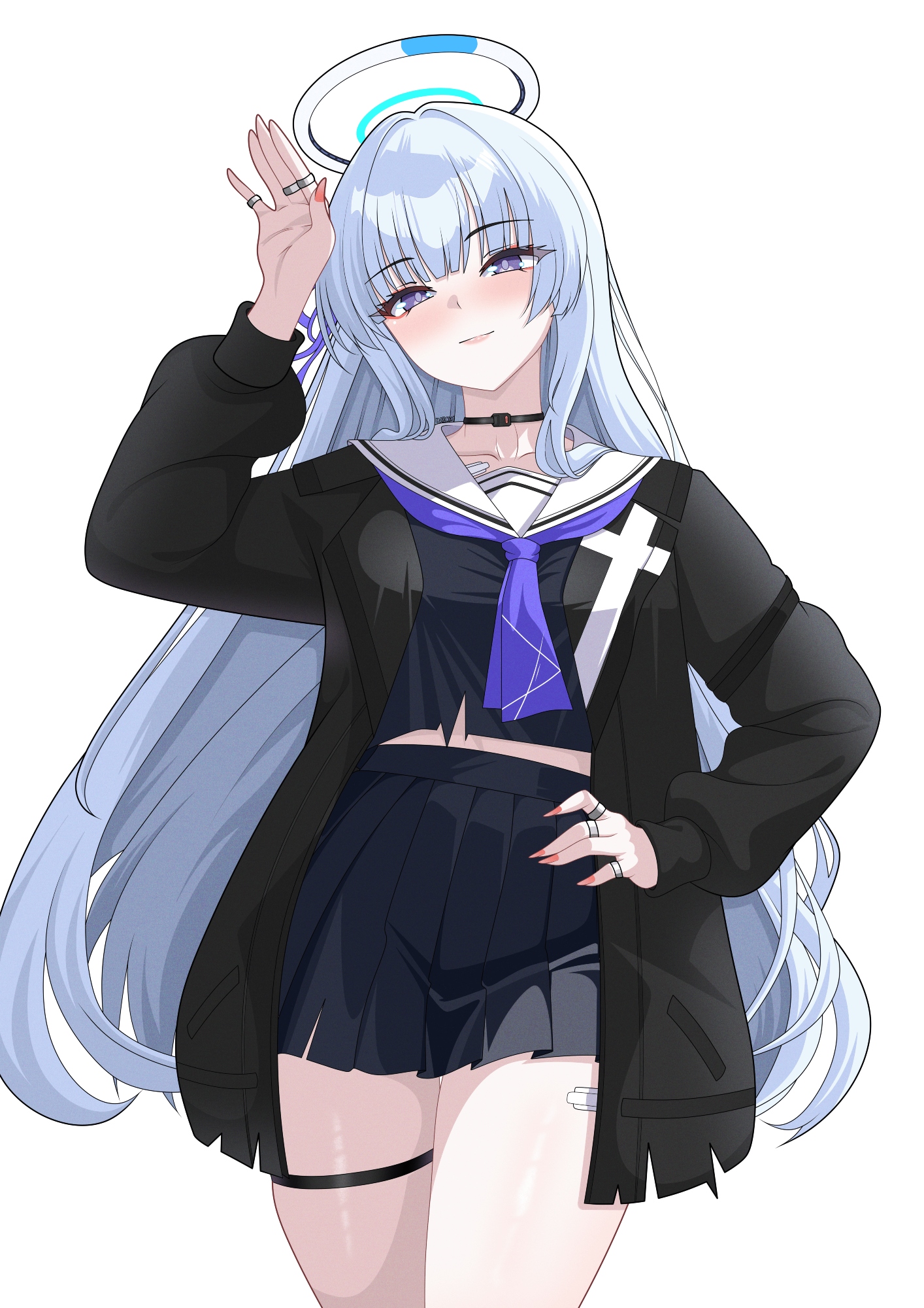 Safebooru - 1girl arm up bandaid black choker black jacket black ...