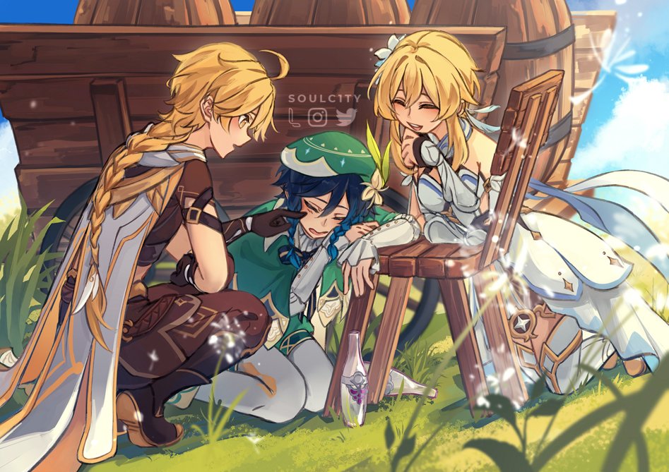 Safebooru - 1girl 2boys :d aether (genshin impact) ahoge alcohol artist ...