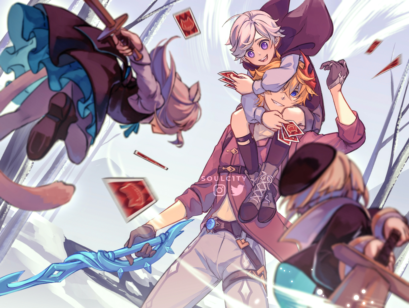 Safebooru - 1girl 3boys :d aged down animal ears artist name bare tree ...