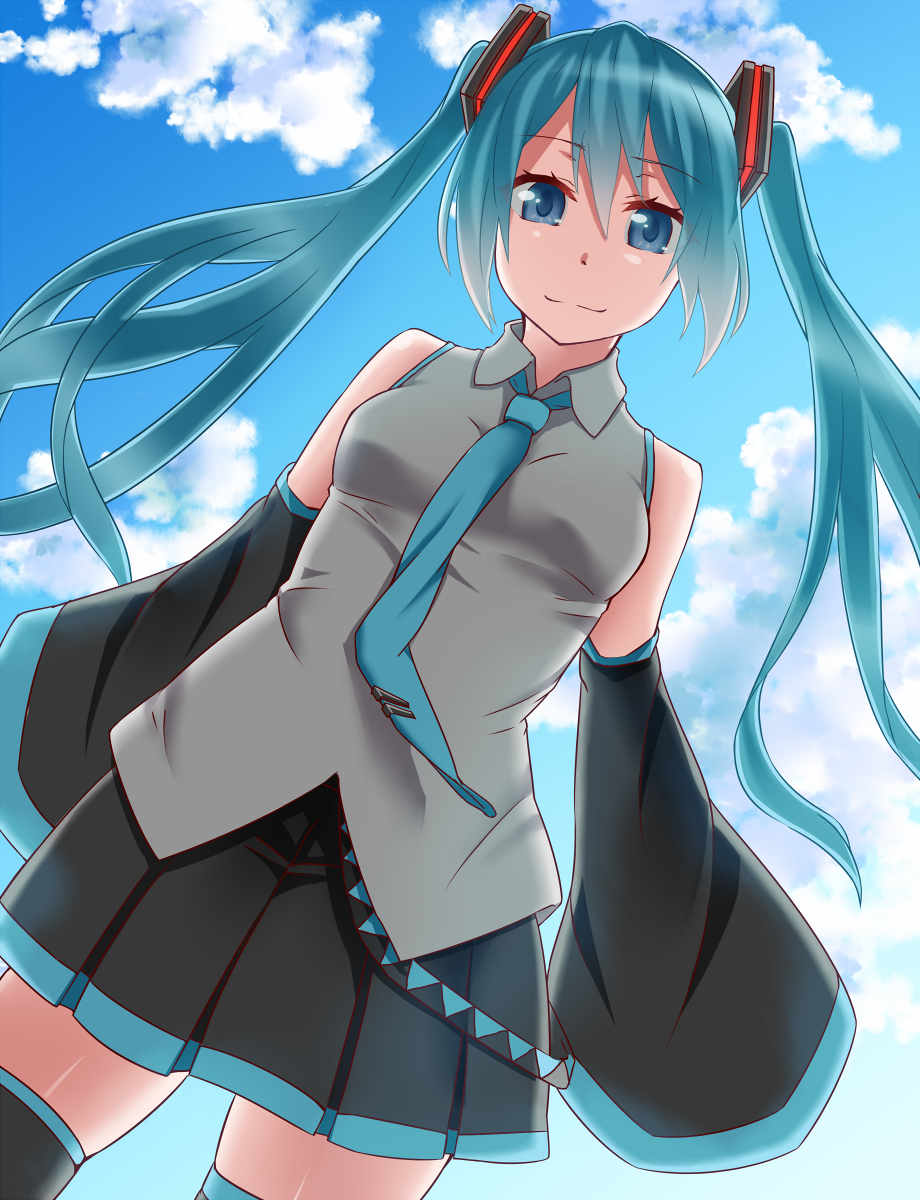 Safebooru - 1girl aqua hair blue eyes clouds detached sleeves hatsune miku highres jaku denpa ...