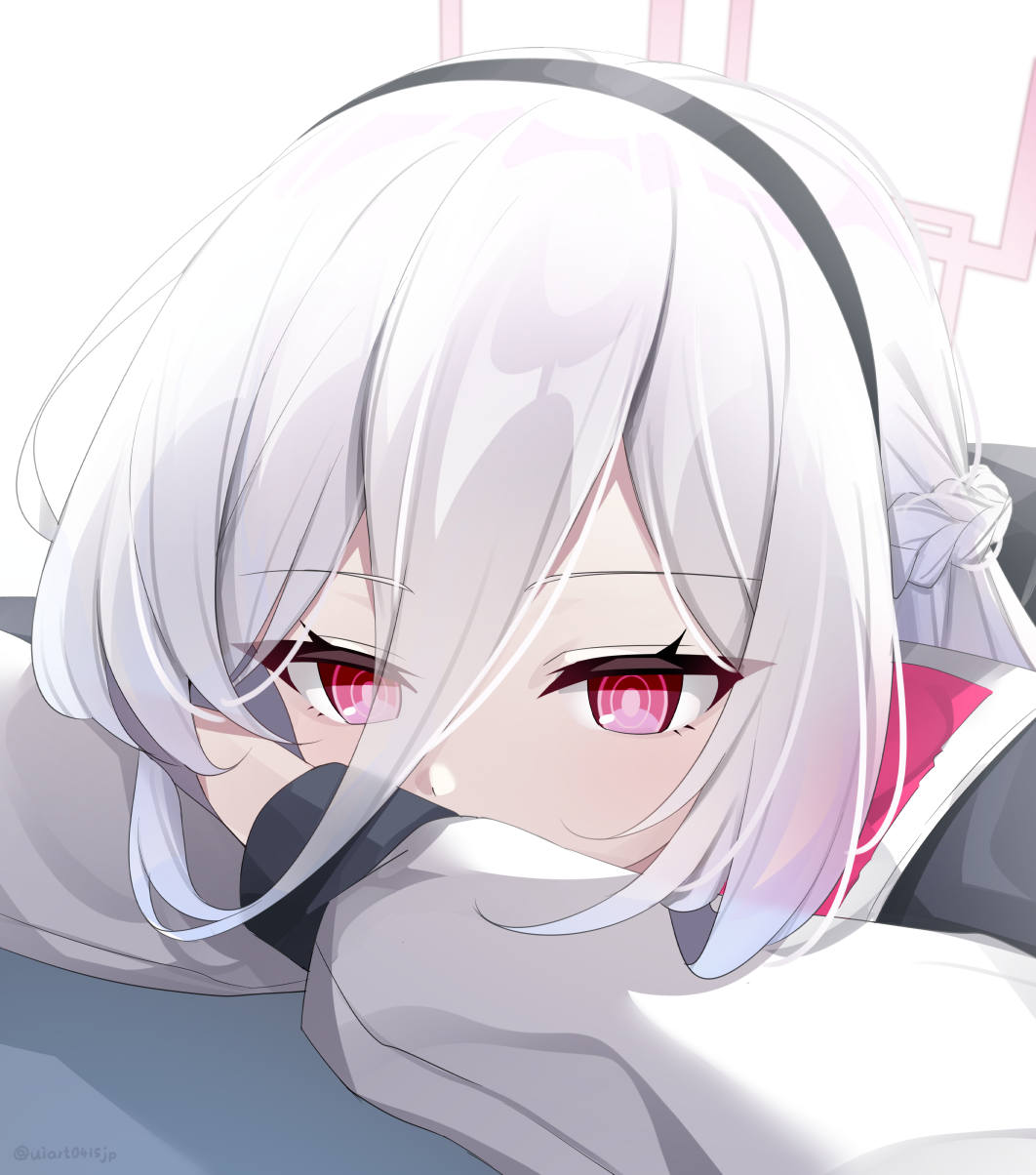 Safebooru - 1girl arm pillow arms on table black hairband blue archive ...
