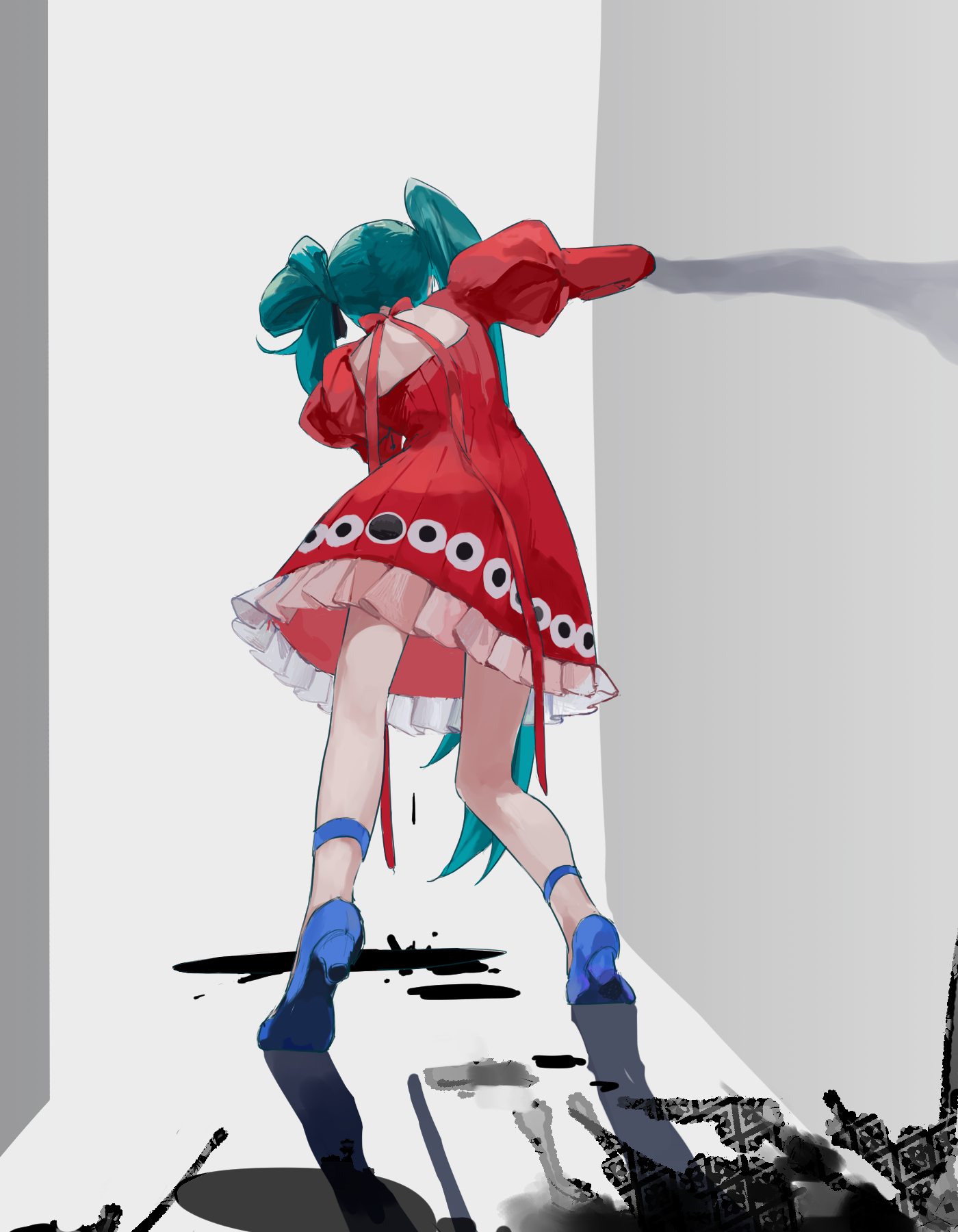 Safebooru - 1girl aqua hair commentary dress folded hair frilled dress ...