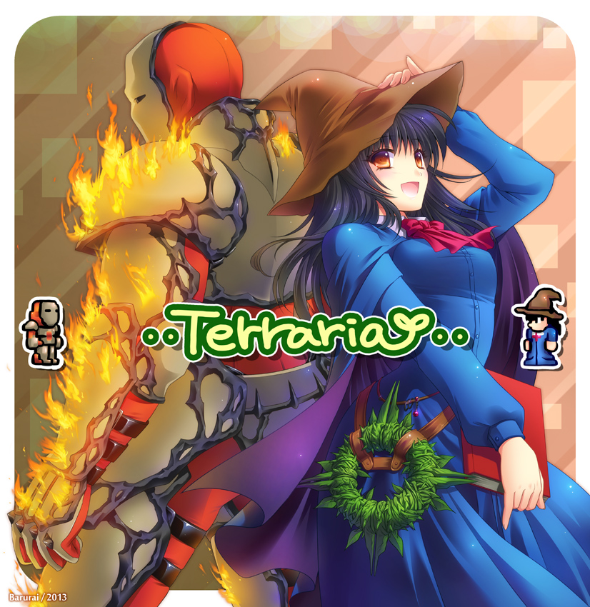 Safebooru - armor black hair blue dress book bow bururai cape copyright ...