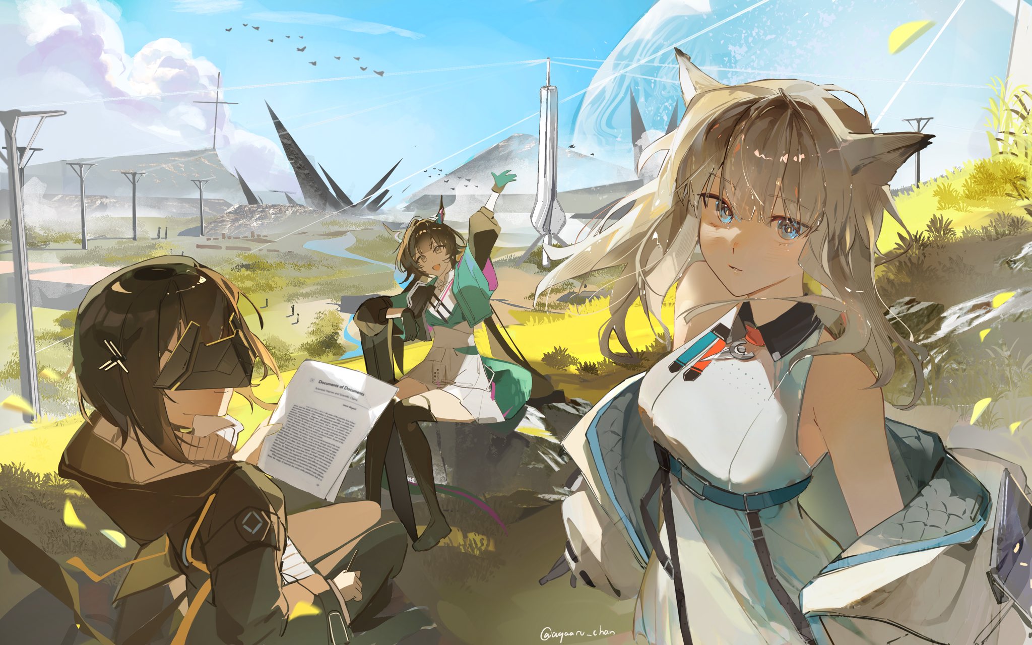 Safebooru - 3girls agaaru chan animal ears aqua capelet arknights ...