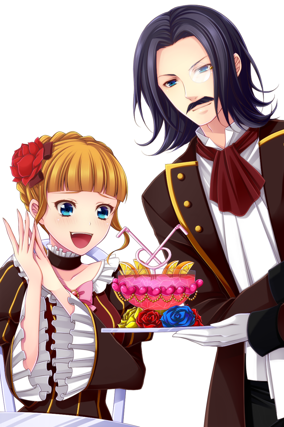 Safebooru - 1boy 1girl beatrice black hair blonde hair blue eyes blue rose choker cravat drink ...