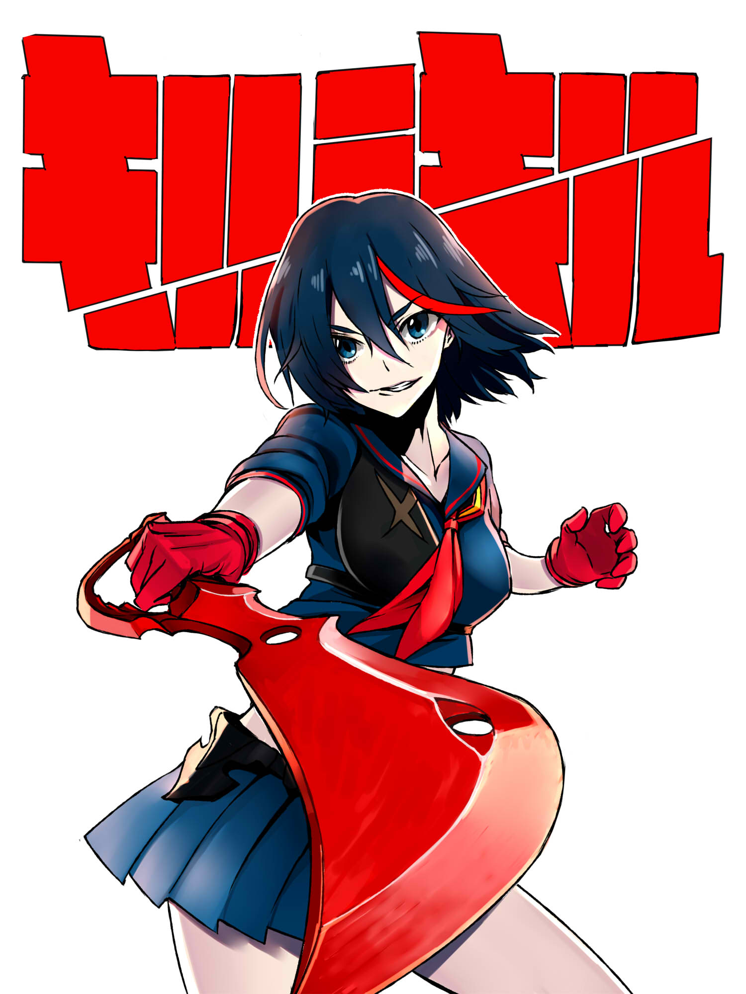 Safebooru - 1girl black hair blue eyes er-mint gloves grin highlights ...