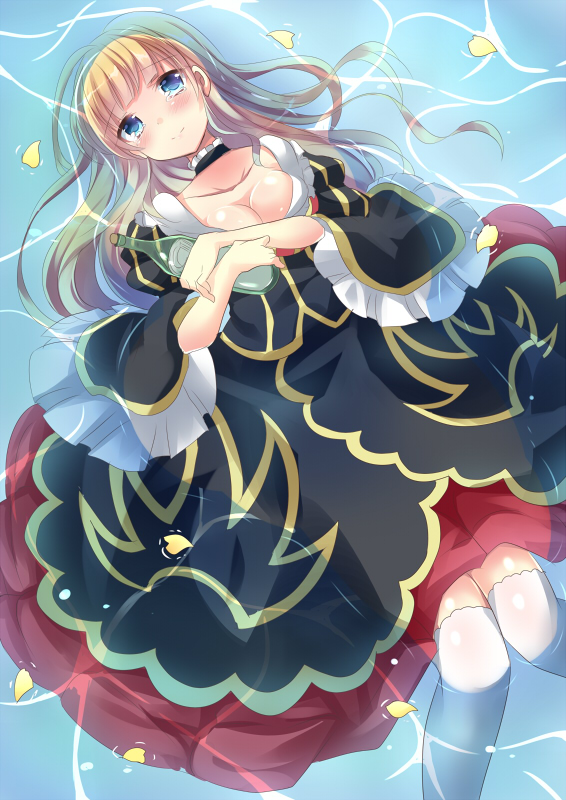 Safebooru - 1girl beatrice blonde hair blue eyes bottle breasts choker cleavage dress hair down ...