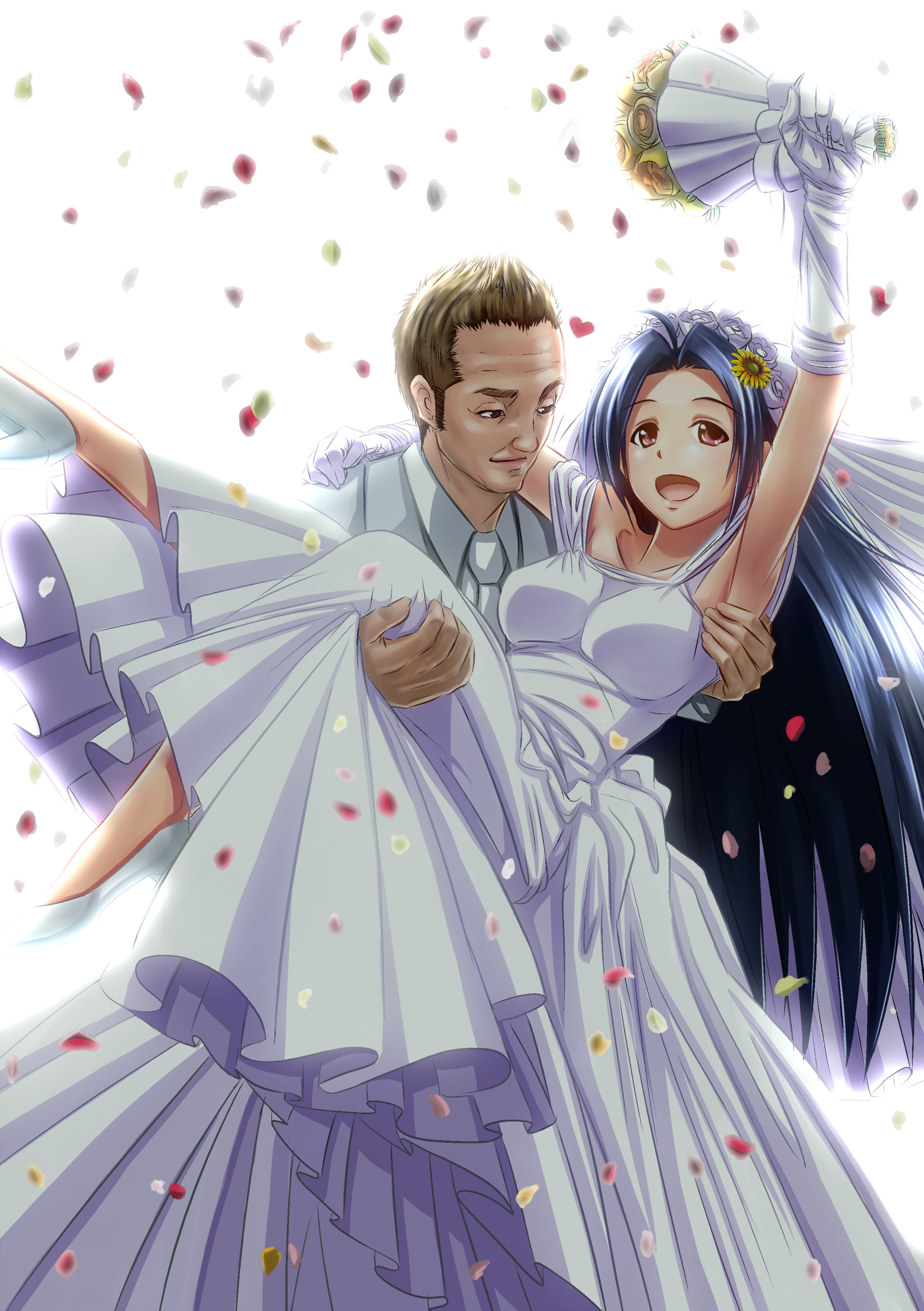 Safebooru - 1boy 1girl absurdres blue hair bouquet brown eyes brown ...