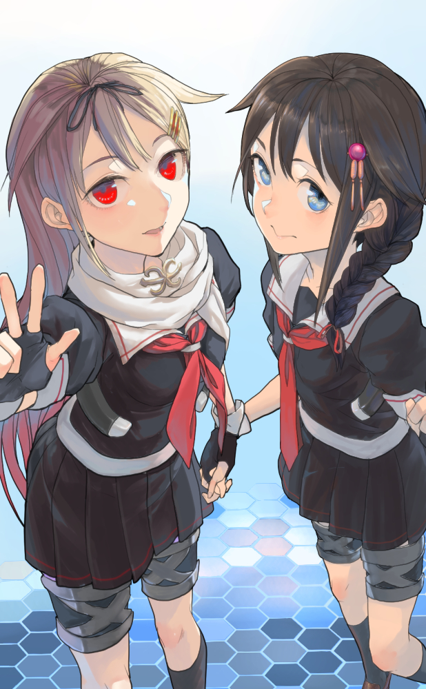 Safebooru 2girls Black Hair Blonde Hair Blue Eyes Hair Ornament 7942