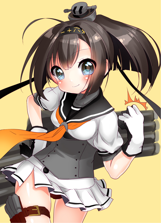 Safebooru - 1girl akizuki (kantai collection) black hair blue eyes gloves hand on hip headband ...