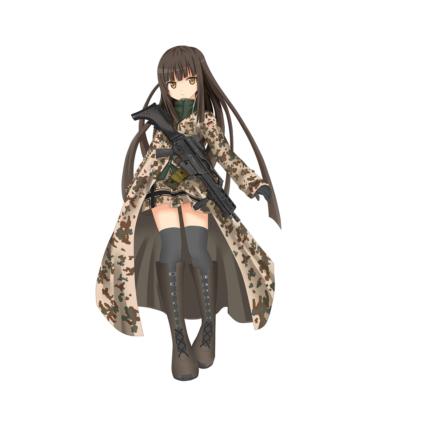 Safebooru - 1girl assault rifle bangs blunt bangs brown eyes brown hair camouflage cape g36k ...
