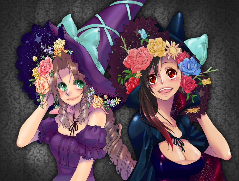 Safebooru - 2girls aerith gainsborough black hair breasts brown hair cape choker cleavage final ...