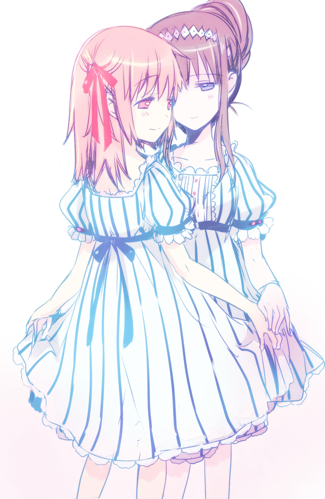 Safebooru - 2girls akemi homura black hair dress hair ribbon hair up hairband holding hands ...