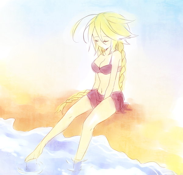 Safebooru - 1girl ahoge beach blazblue blonde hair braid closed eyes lambda-11 solo swimsuit ...