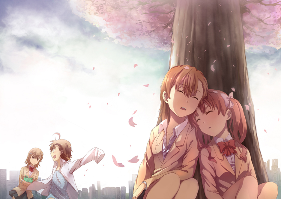 Safebooru - 4girls ahoge brown hair cherry blossoms closed eyes dress ...