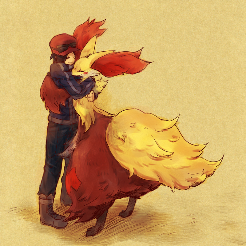 Safebooru - 1boy apple bird boots calme (pokemon) delphox hat hug ...