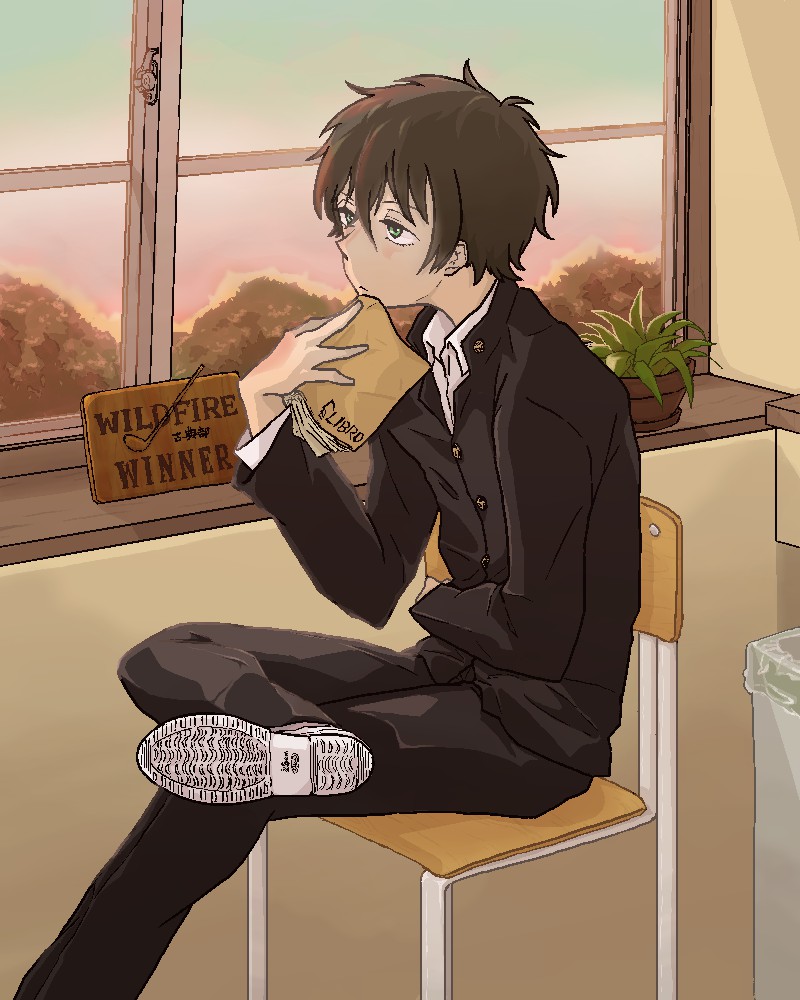 Safebooru - 1boy book brown hair buchi (hetasen) chair crossed legs ...