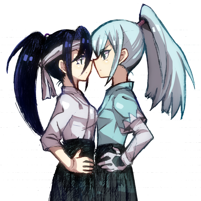 Safebooru 147 2girls Blue Hair Breast Press Breasts Character Request 4070