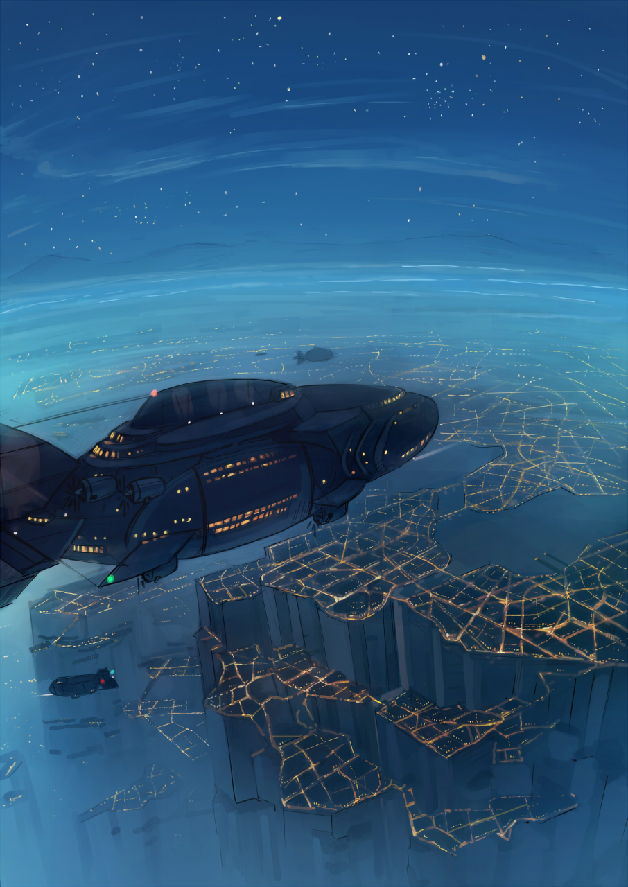 Safebooru - airship city lights cityscape highres night night sky no ...