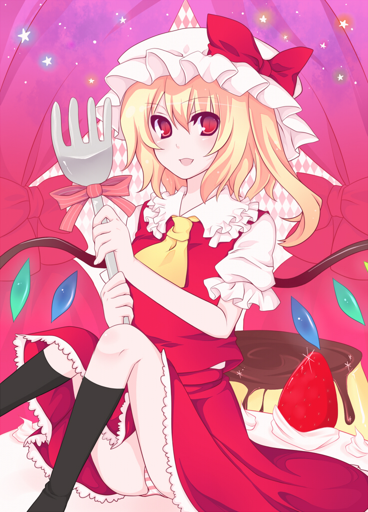 Safebooru - bow flandre scarlet food fork fruit hat panties pantyshot ...