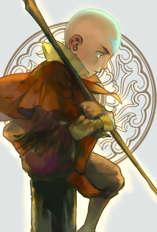 Safebooru - 1boy aang avatar: the last airbender bald sitting solo staff sunshine (deserted ...