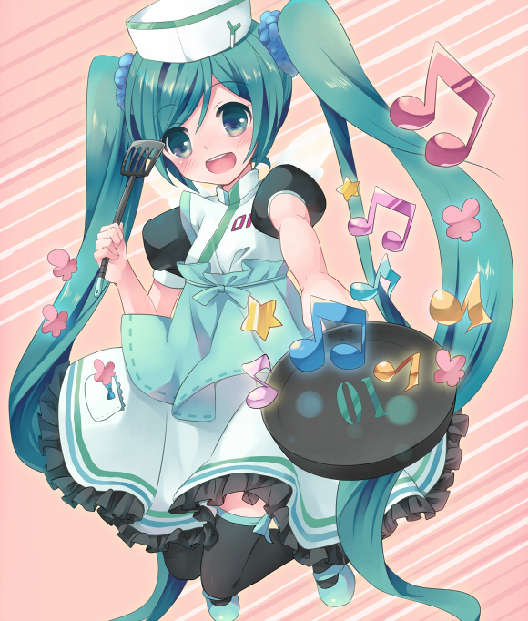 Safebooru - 1girl apron aqua eyes aqua hair blush dress frying pan hat ...