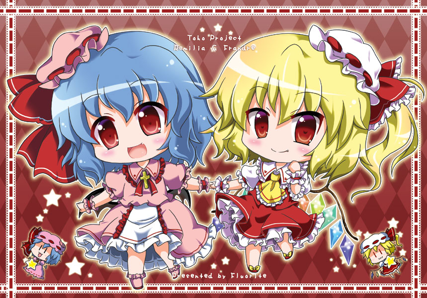 Safebooru - 2girls :3 argyle argyle background ascot bat wings blonde hair blue hair blush chibi ...