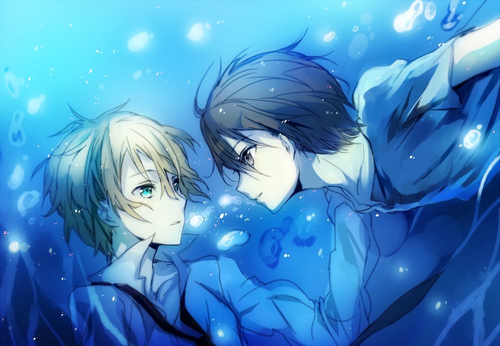 Safebooru - 2boys black eyes black hair blonde hair eugeo eye contact ...