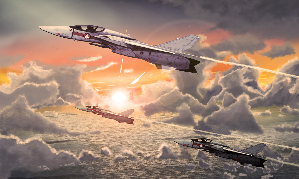 Safebooru - airplane choujikuu yousai macross clouds condensation trail dusk flying i.t.o ...