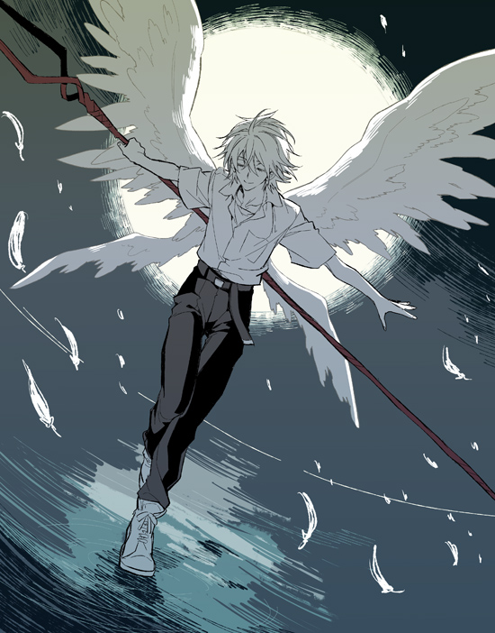 Safebooru - 1boy angel wings closed eyes feathers lance of longinus ...