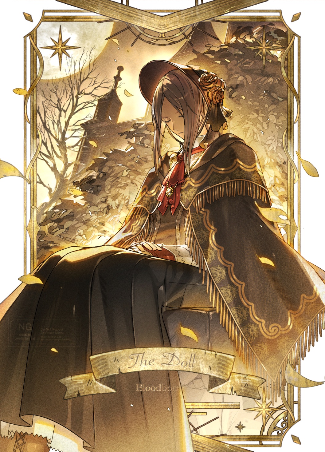 Safebooru - 1girl ascot bare tree black dress bloodborne bonnet border brown capelet brown cloak ...