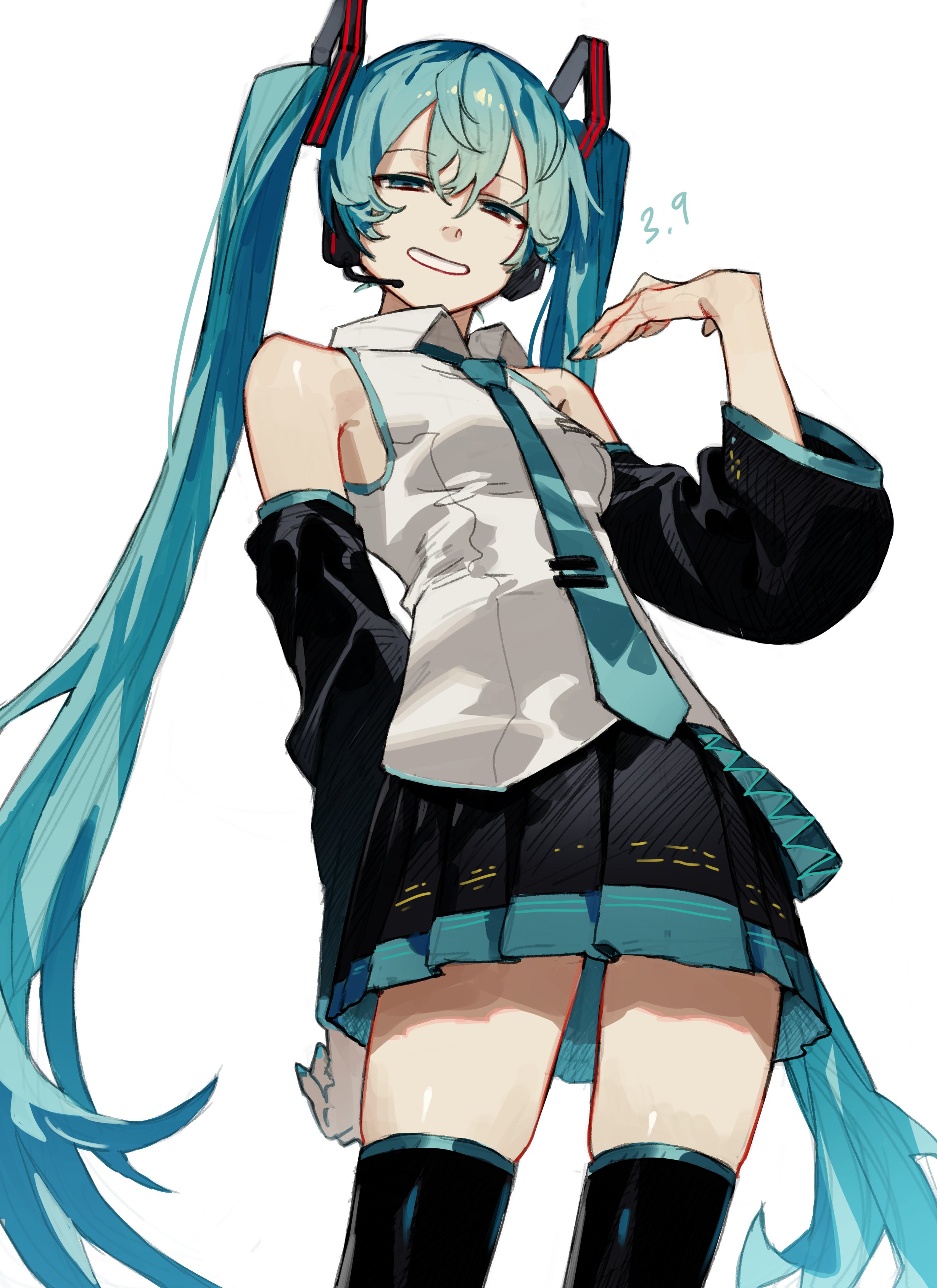 Safebooru - 1girl 39 absurdres aqua necktie black skirt black sleeves black thighhighs blue eyes ...