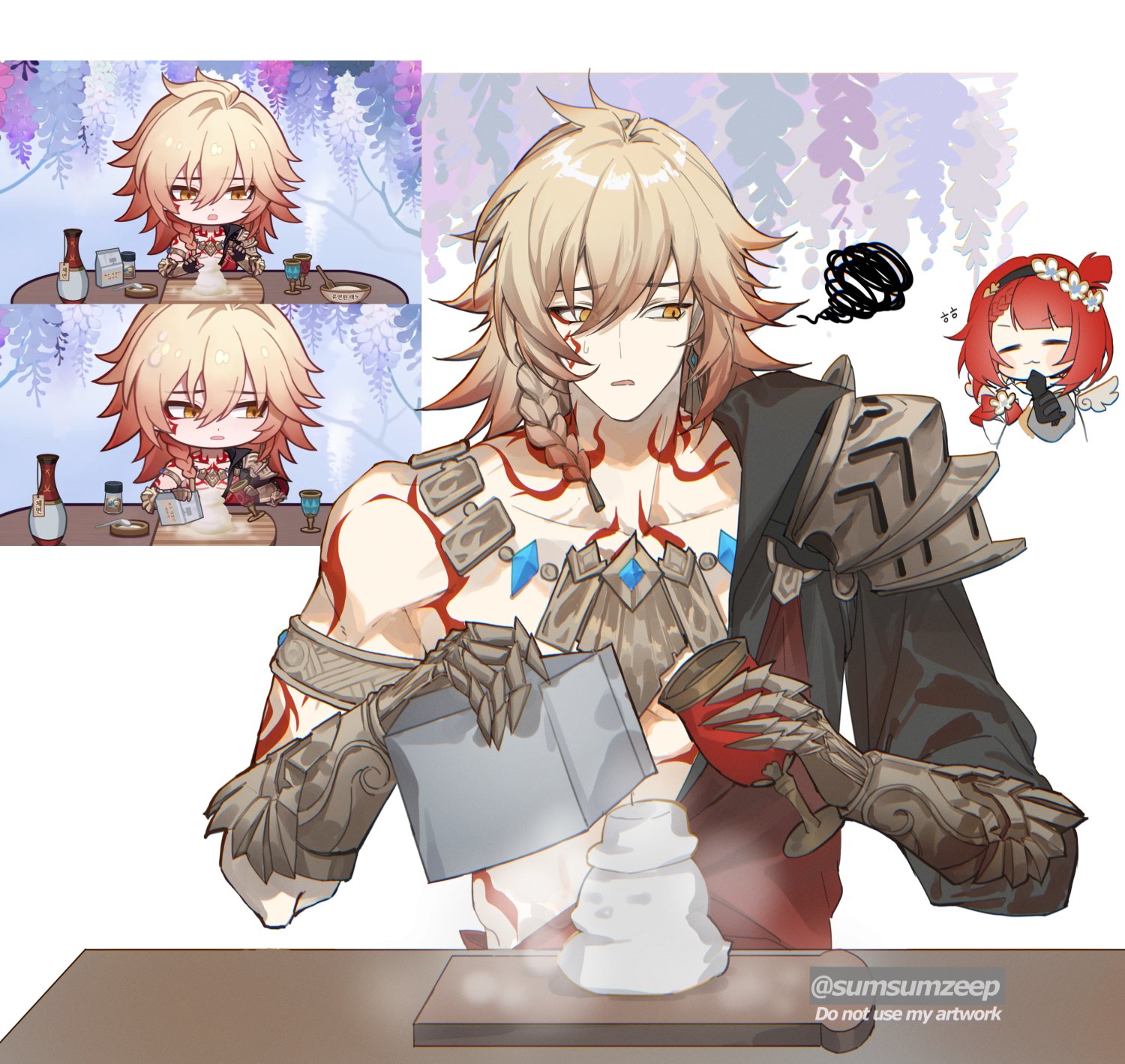 Safebooru - 1boy 1girl angel wings arm tattoo armored gloves black hairband blonde hair chest ...