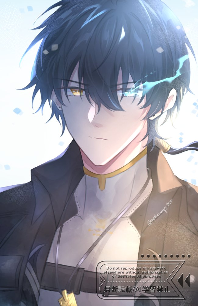 Safebooru - 1boy aqua eyes black hair black jacket closed mouth commentary english commentary ...