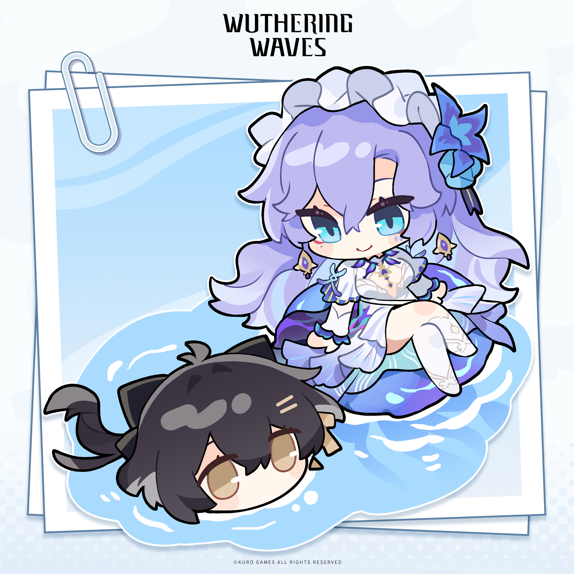 Safebooru - 2girls asymmetrical legwear black bow black hair blue eyes blue flower bow ...