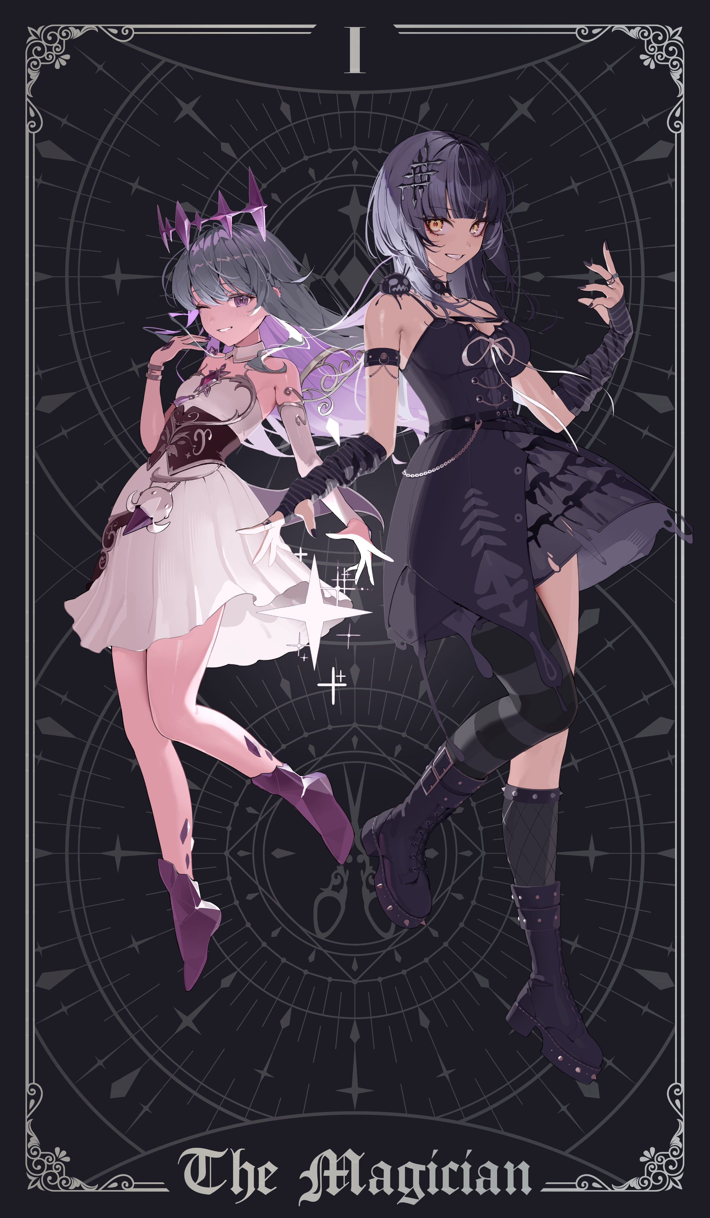 Safebooru - 2girls :d ;d absurdres ankle boots arm garter arm strap arm warmers asymmetrical ...