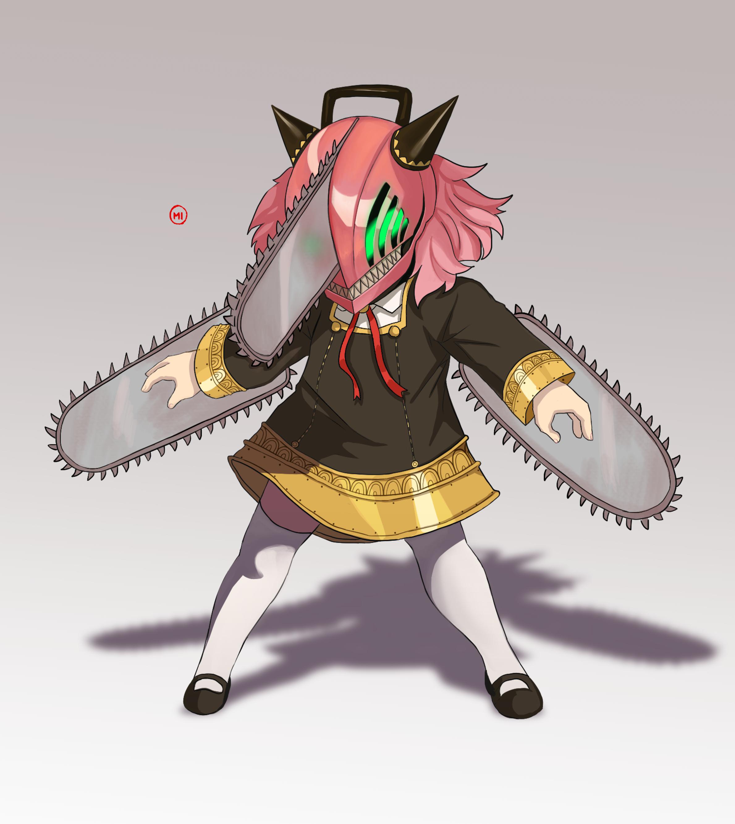 Safebooru - 0homi 1girl absurdres anya (spy x family) black dress black horns chainsaw chainsaw ...