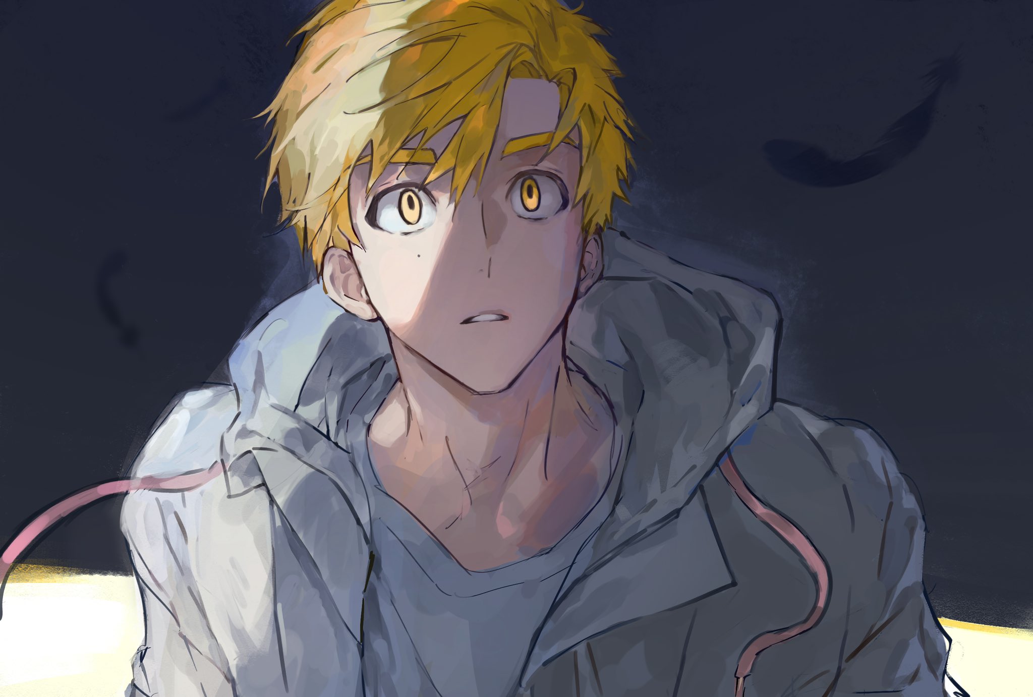 Safebooru - 1boy akeuraji tsukasa backlighting black background blonde hair close-up coat ...