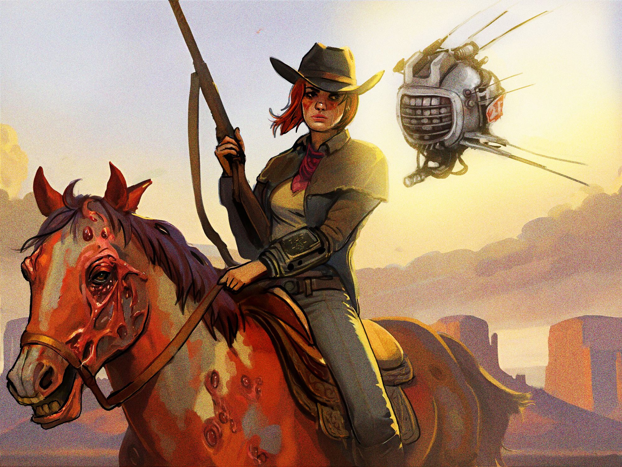 Safebooru - 1girl belt clouds courier (fallout: new vegas) cowboy hat ...