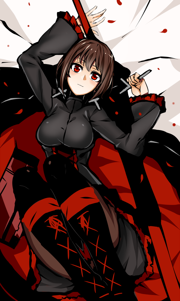 Safebooru - 1girl arms up black legwear boots brown hair cape corset cross-laced footwear from ...