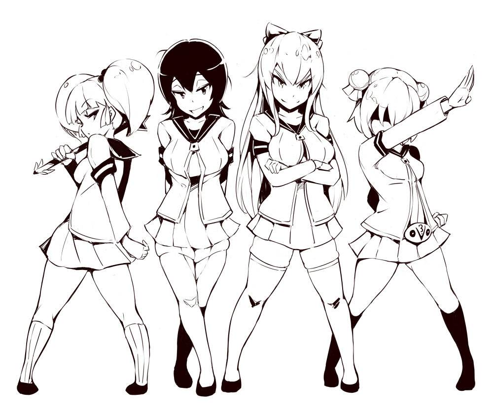 Safebooru - >:) 4girls akaza akari bow breasts crossed arms double bun funami yui hair bobbles ...