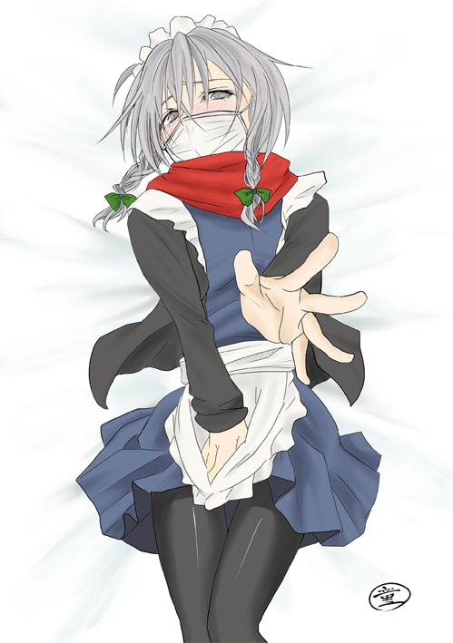 Safebooru - 1girl bed sheet black legwear blush dakimakura embarrassed grey eyes izayoi sakuya ...