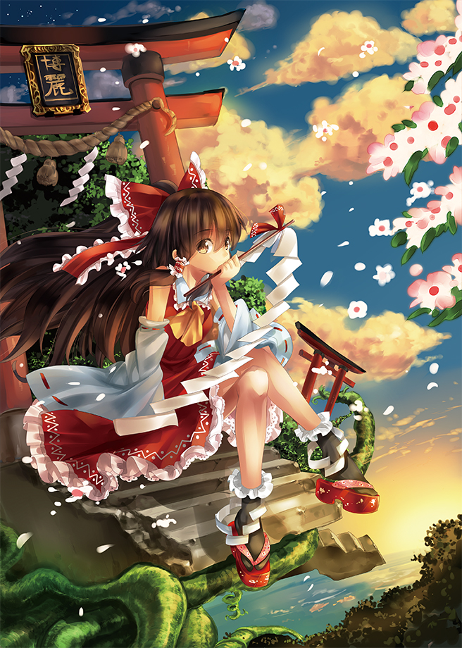 Safebooru - 1girl ascot bare shoulders blue sky brown eyes cherry blossoms clouds detached ...