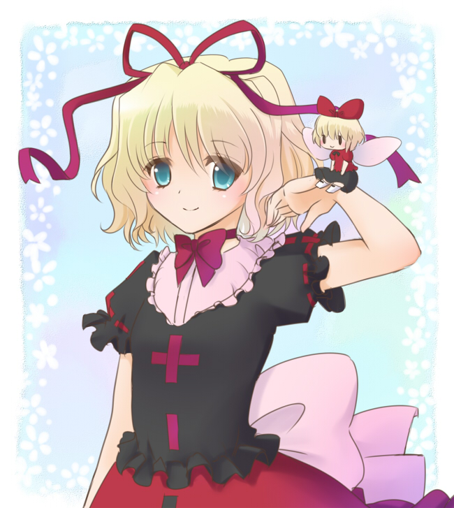 Safebooru 1girl Blonde Hair Blouse Blue Background Blue Eyes Border 2394