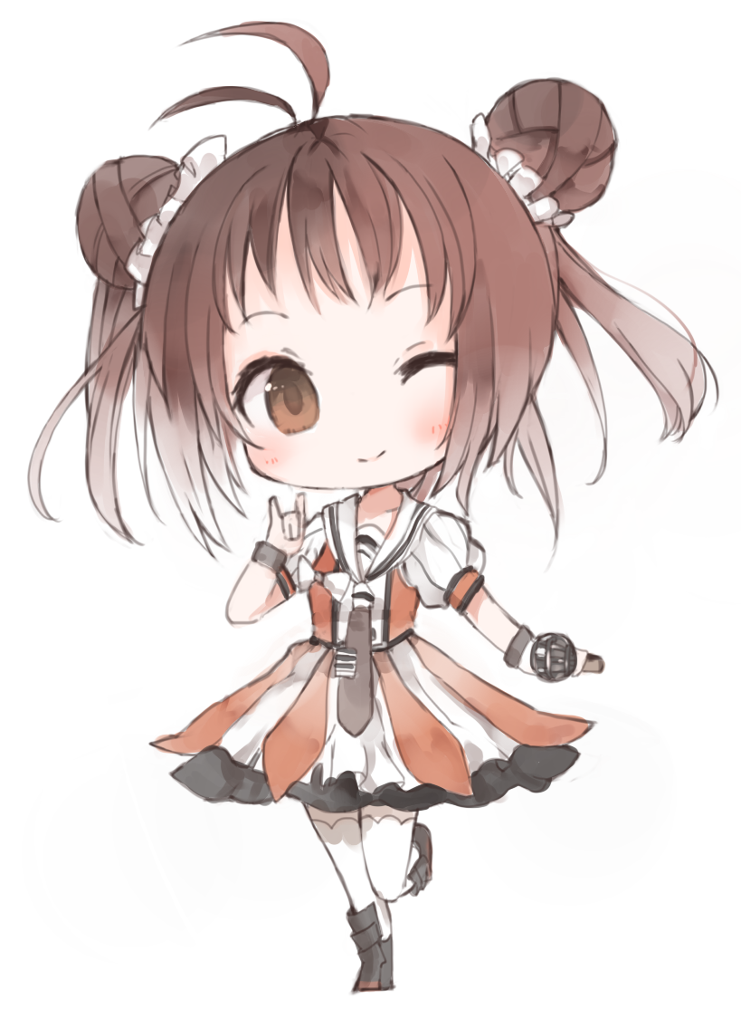 Safebooru - 1girl ahoge akaki aoki antenna hair brown eyes brown hair chibi double bun gloves ...
