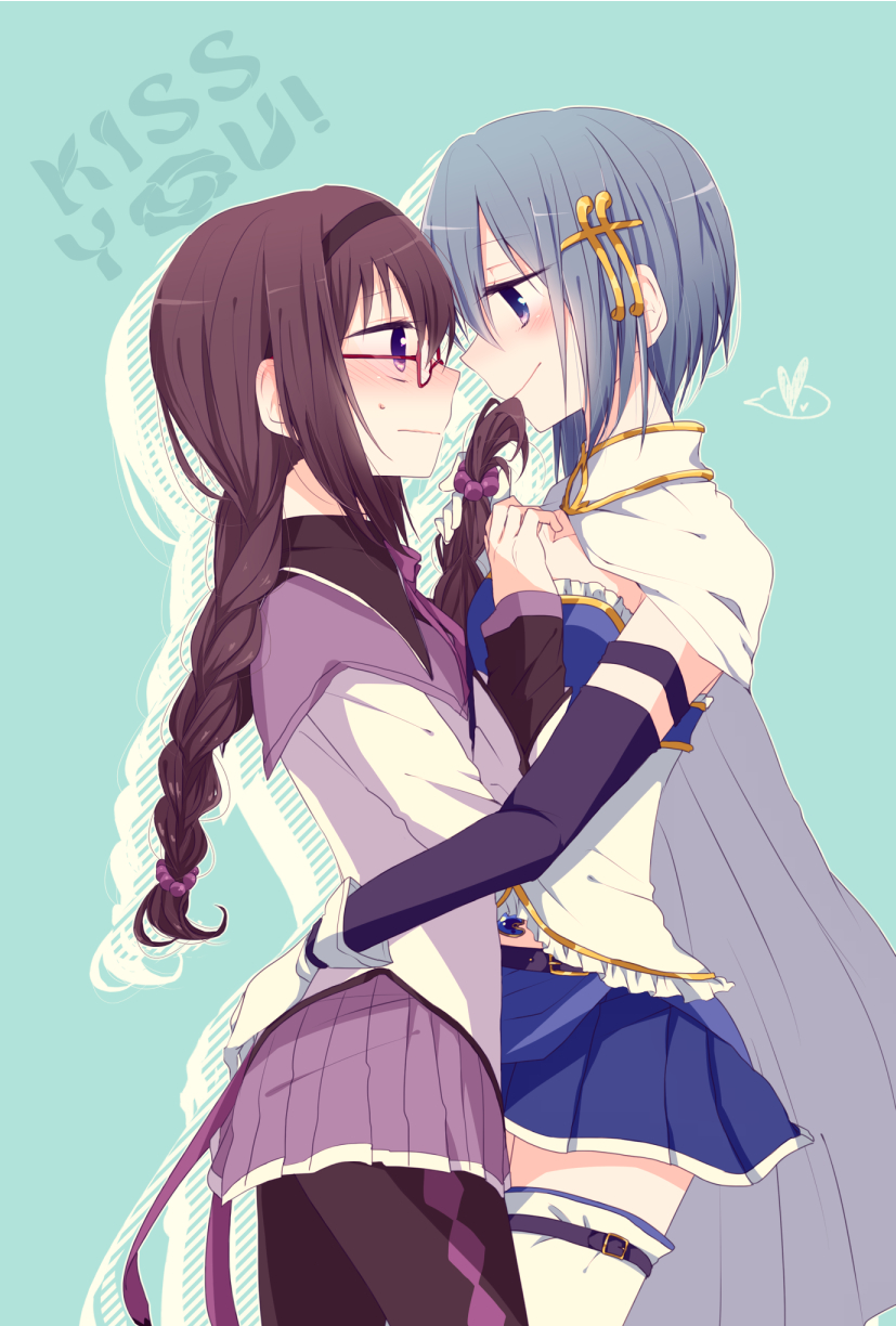 Safebooru - 2girls akemi homura black hair blue hair blush braid glasses hair kiss hair ornament ...
