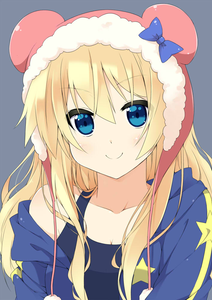 Safebooru - 1girl blonde hair blue eyes blush bowtie casual hat hoodie ...