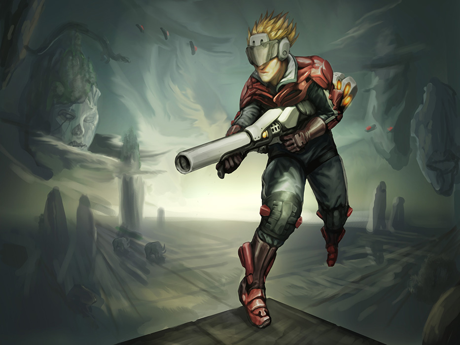 Safebooru - 1boy alien armor blonde hair boots cannon clouds energy gun ...