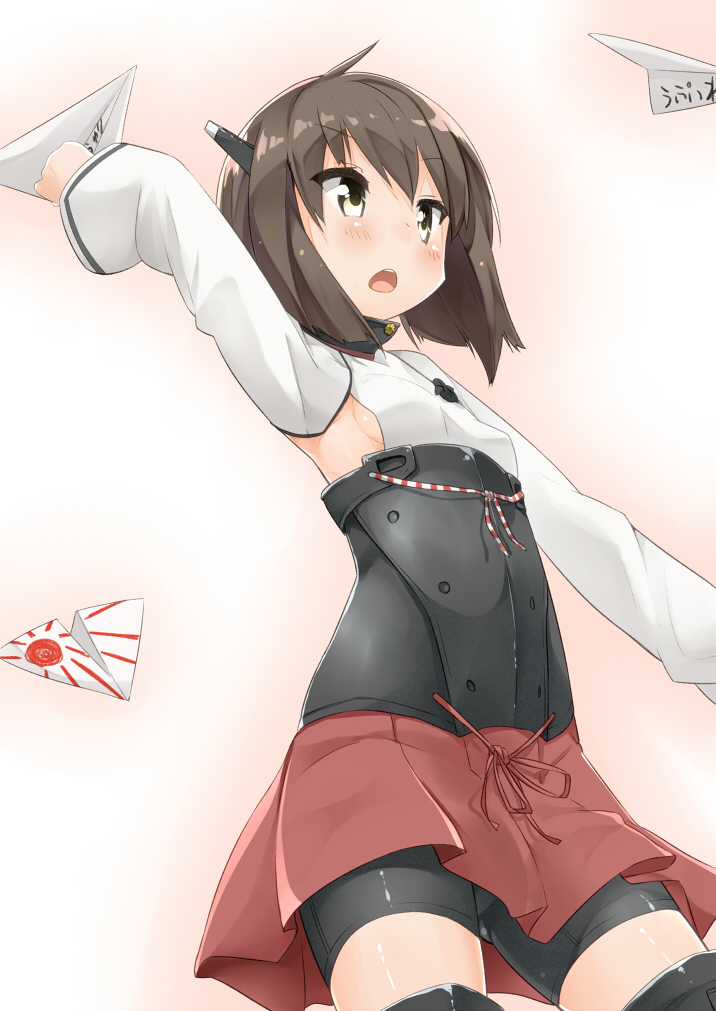 Safebooru - 1girl arm up bike shorts blush brown eyes brown hair headband headgear kantai ...