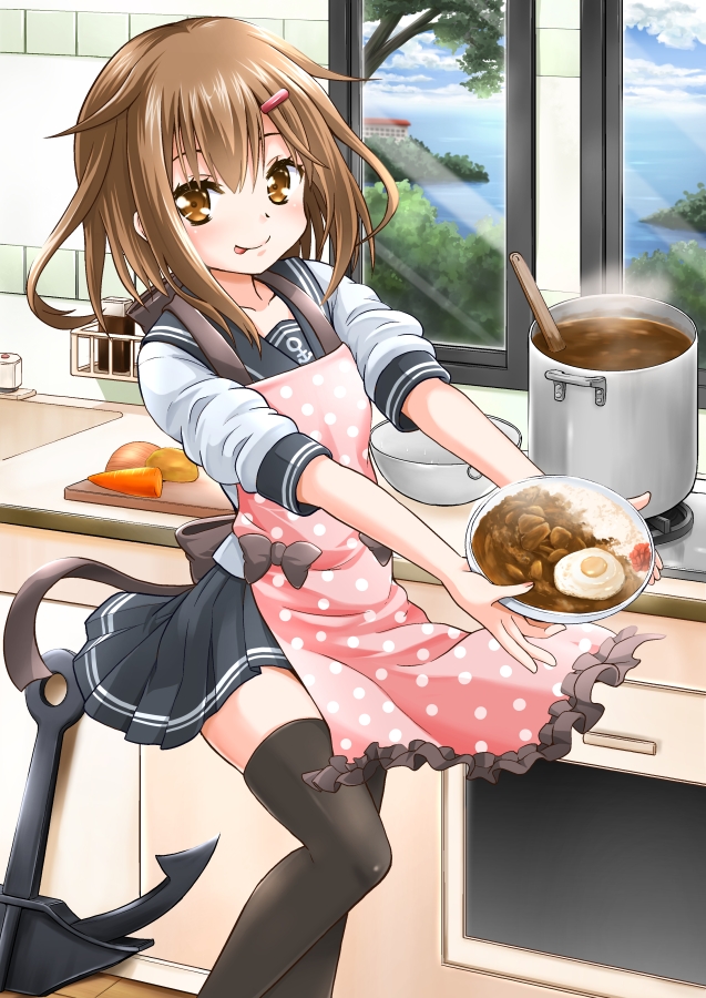 Safebooru - 1girl :p anchor apron black legwear brown eyes brown hair curry food hair ornament ...